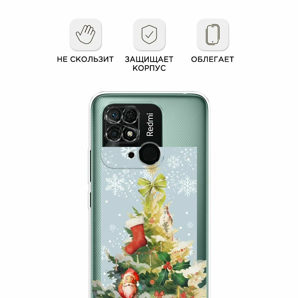 Чехол на Xiaomi Redmi 10C / Сяоми Редми 10C с принтом Нарядная ель акварель, прозрачный — фото 1