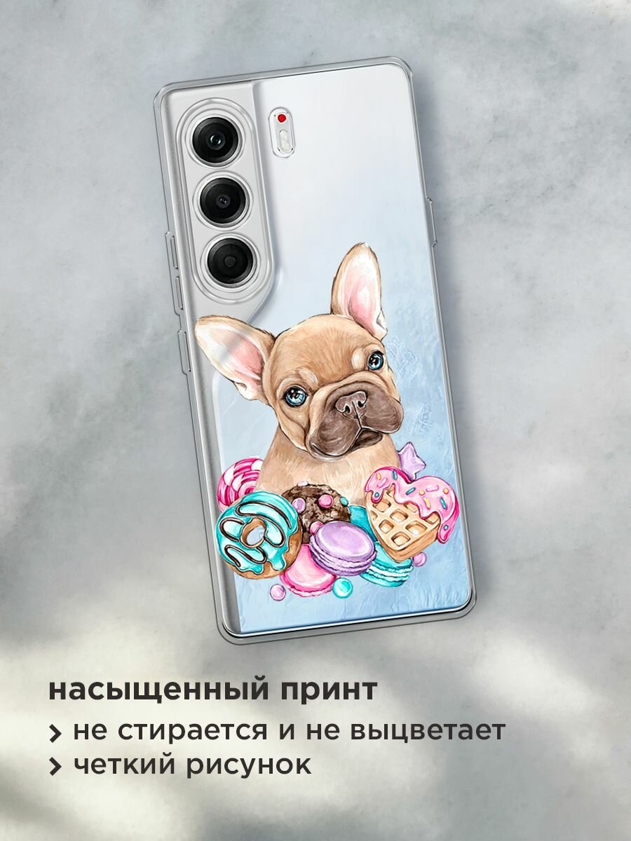 Чехол на Tecno Camon 40 Pro 5G / Текно Камон 40 Про 5G с принтом "Бульдог и сладости", прозрачный — фото 1