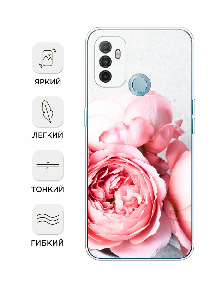 Силиконовый чехол на Oppo A53 / Оппо А53 с принтом "Пионы на белом" — фото 1