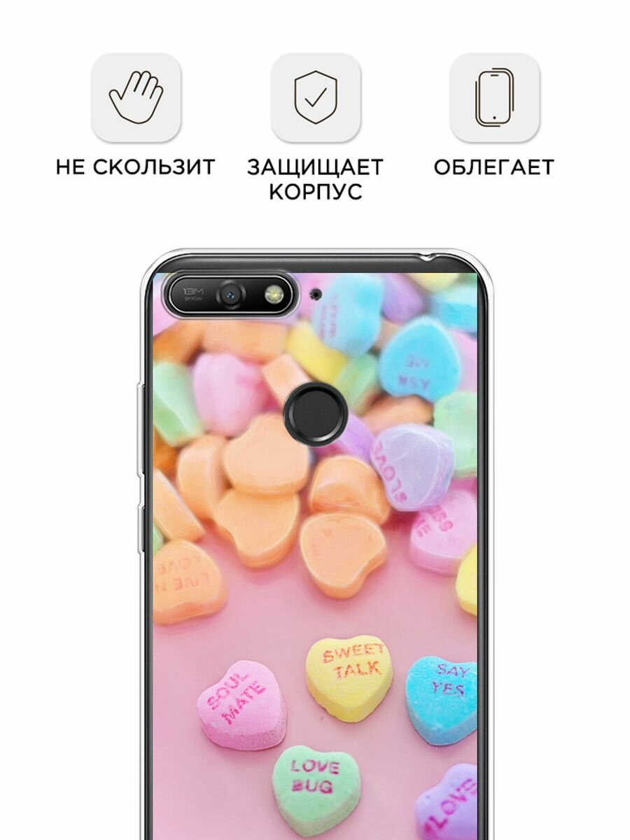 Чехол на Honor 7C/7A Pro/Huawei Y6 Prime 2018 / Хонор 7С/7А Про/Хуавей Y6 Prime 2018 с принтом "Конфетки сердечки 2" — фото 1