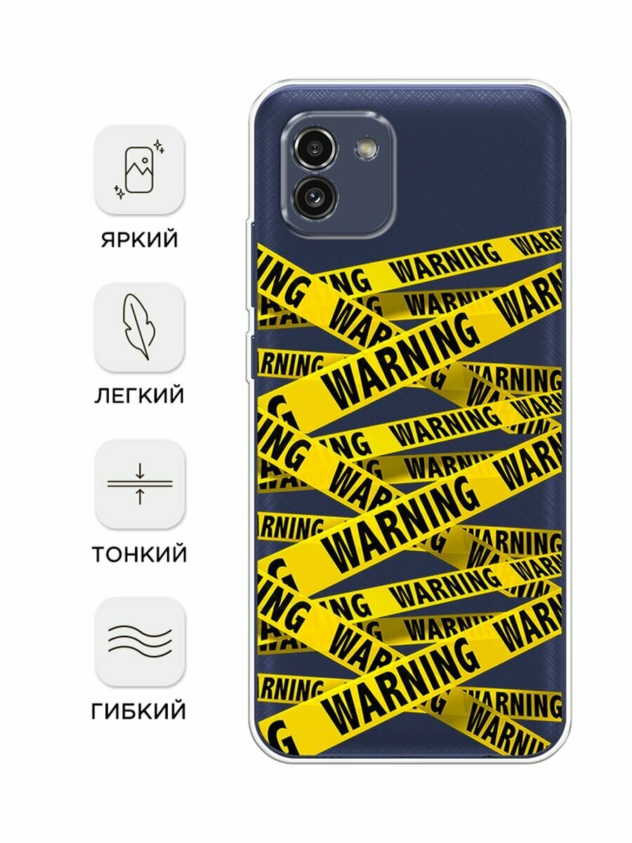 Чехол на Samsung Galaxy A03 / Самсунг Галакси А03 с принтом "Warning!", прозрачный — фото 1