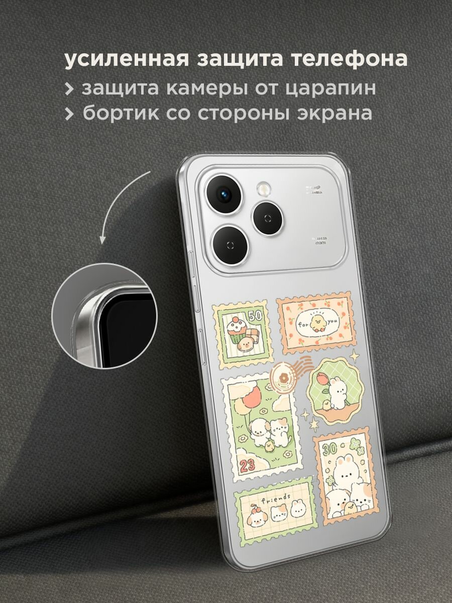 Чехол на Tecno Spark 40 / Текно Спарк 40 с принтом "Милые марки", прозрачный — фото 1