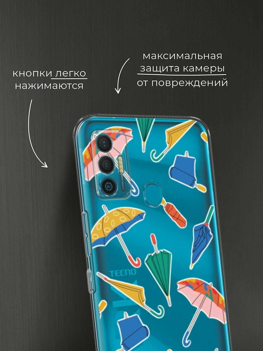 Чехол на Tecno Spark 7 / Техно Спарк 7 с принтом "Зонты паттерн", прозрачный — фото 1