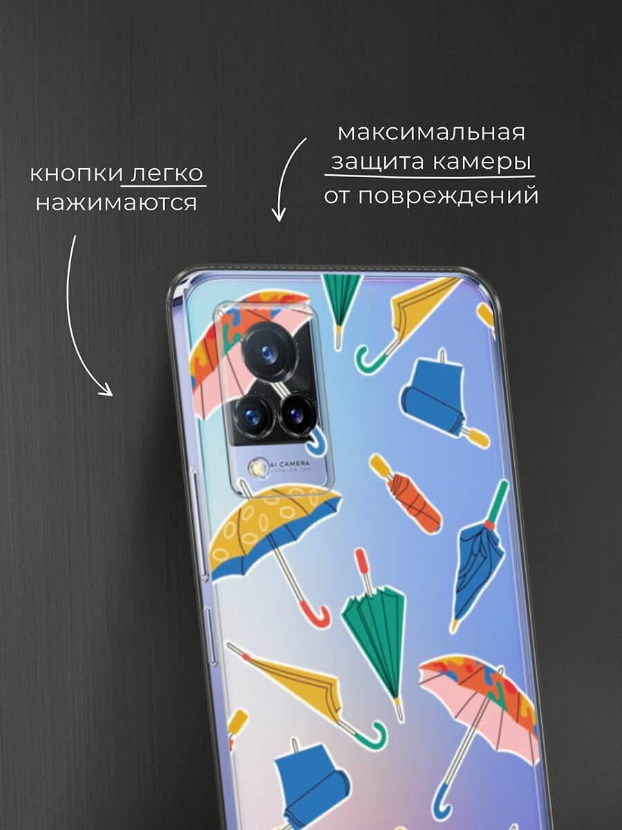 Чехол на Vivo V21 / Виво V21 с принтом "Зонты паттерн", прозрачный — фото 1