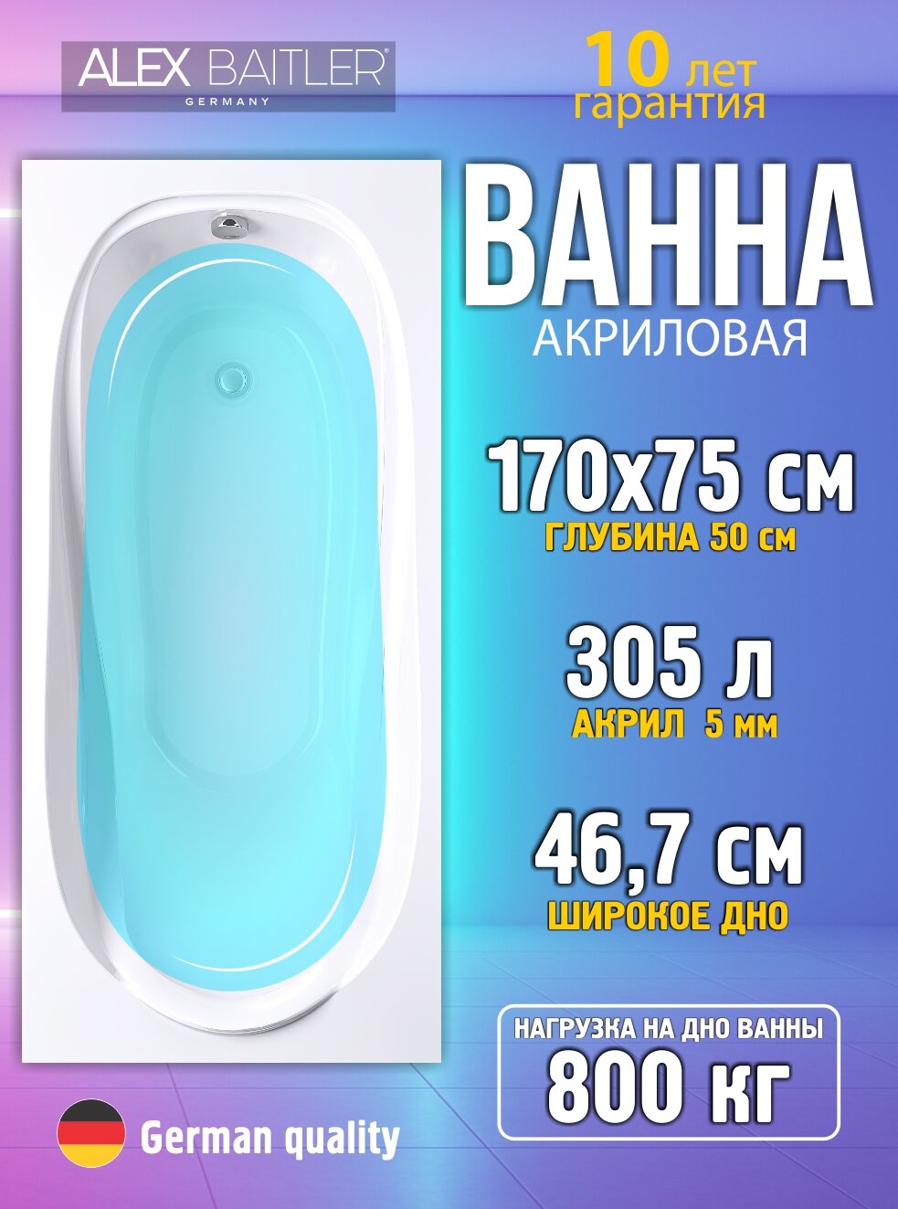 Акриловая ванна Alex Baitler 170×75 см прямоугольная, без комплектующих