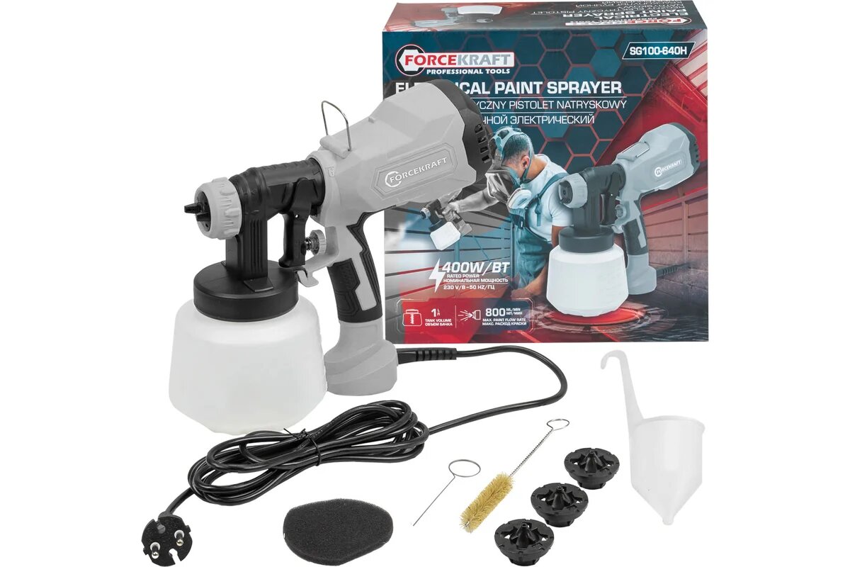 FORCEKRAFT краскопульт электрический FK-SG100-640H(65060) 230В 400Вт 1 л бачок 800 мл/мин