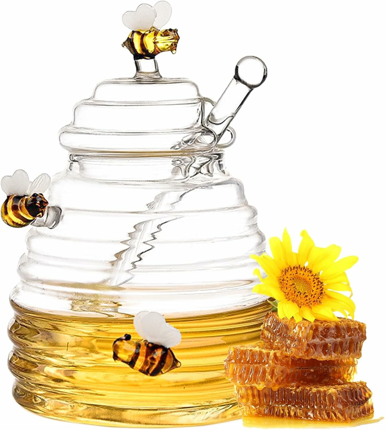 Башенка стеклянная банка для меда - Кристально прозрачная тяжелая стеклянная горшок для джема, желе, сиропа - Банки для меда с ложкой для меда, Идеально для дома и кухни, Цвет: прозрачный, Материал: стекло, Размер: как показано на картинке, Количество: 1