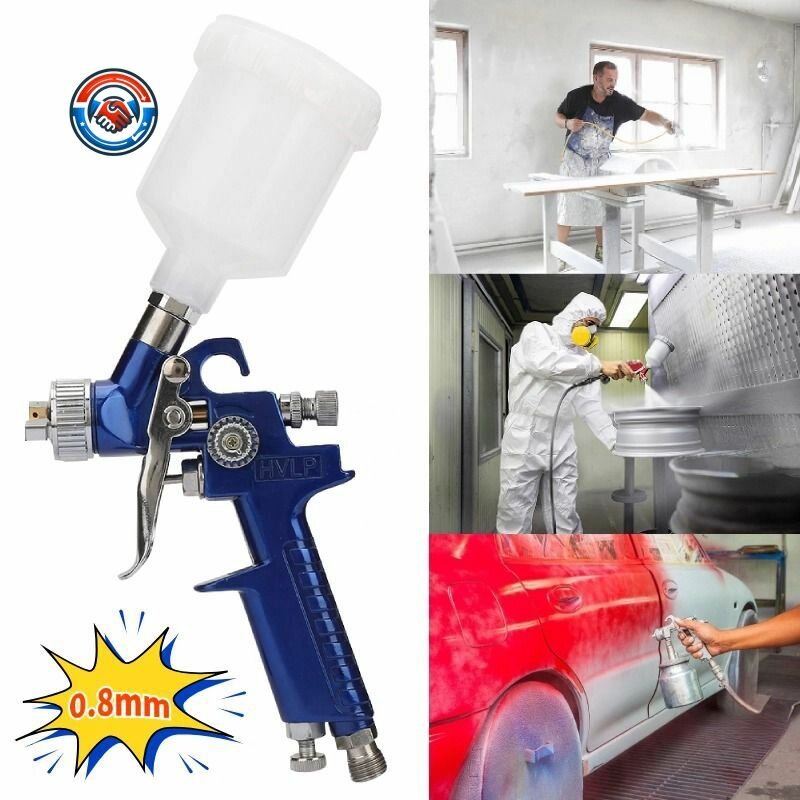 Пневмокраскопульт HVLP с тремя регуляторами, сопло 0,8-1,0 мм, 125 мл, алюминиевый корпус, точное распыление для авто, мебели и декора