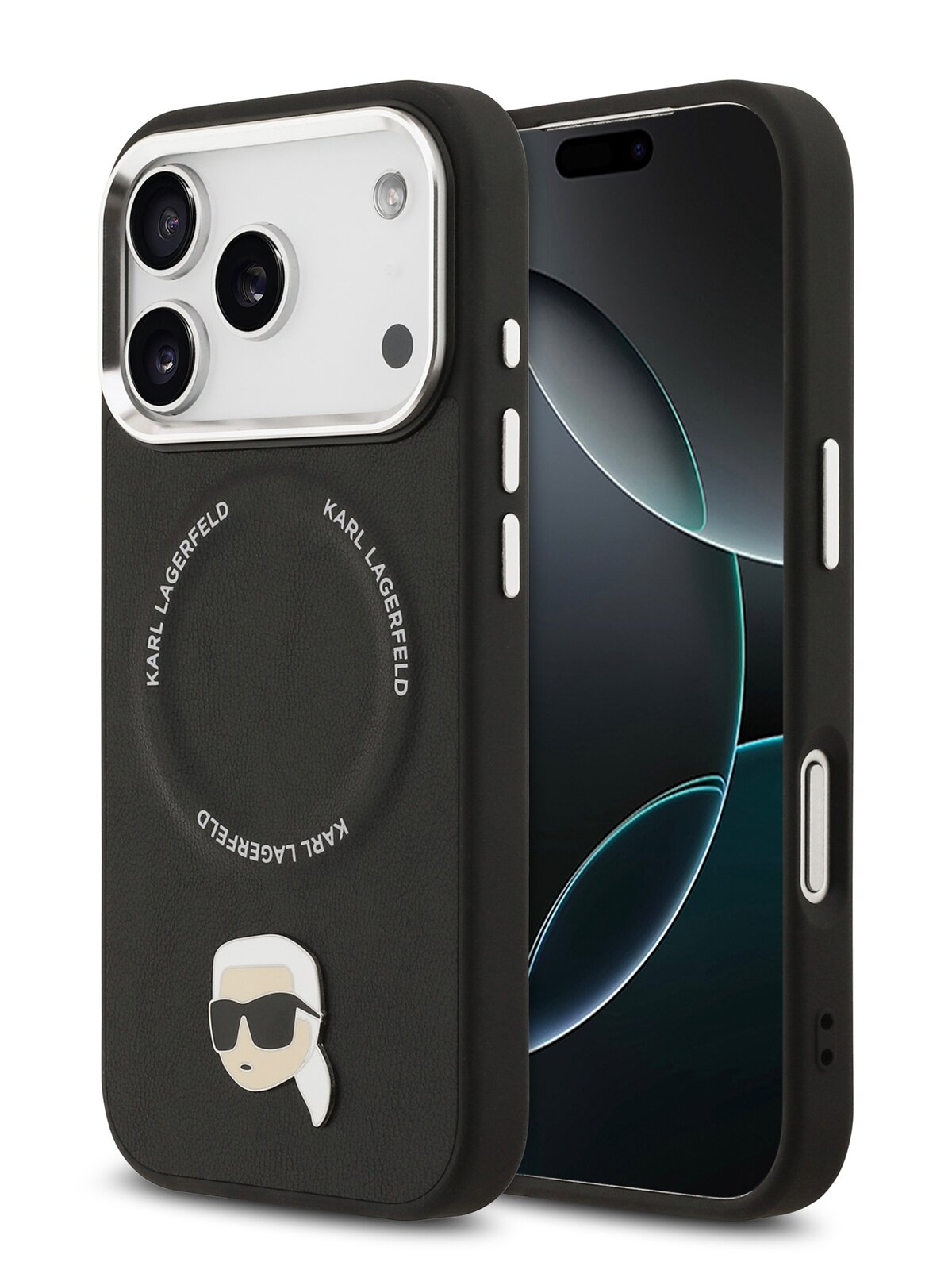 Karl Lagerfeld чехол с MagSafe для iPhone 17 Pro, PU кожа с метал. значком NFT Karl head, черный