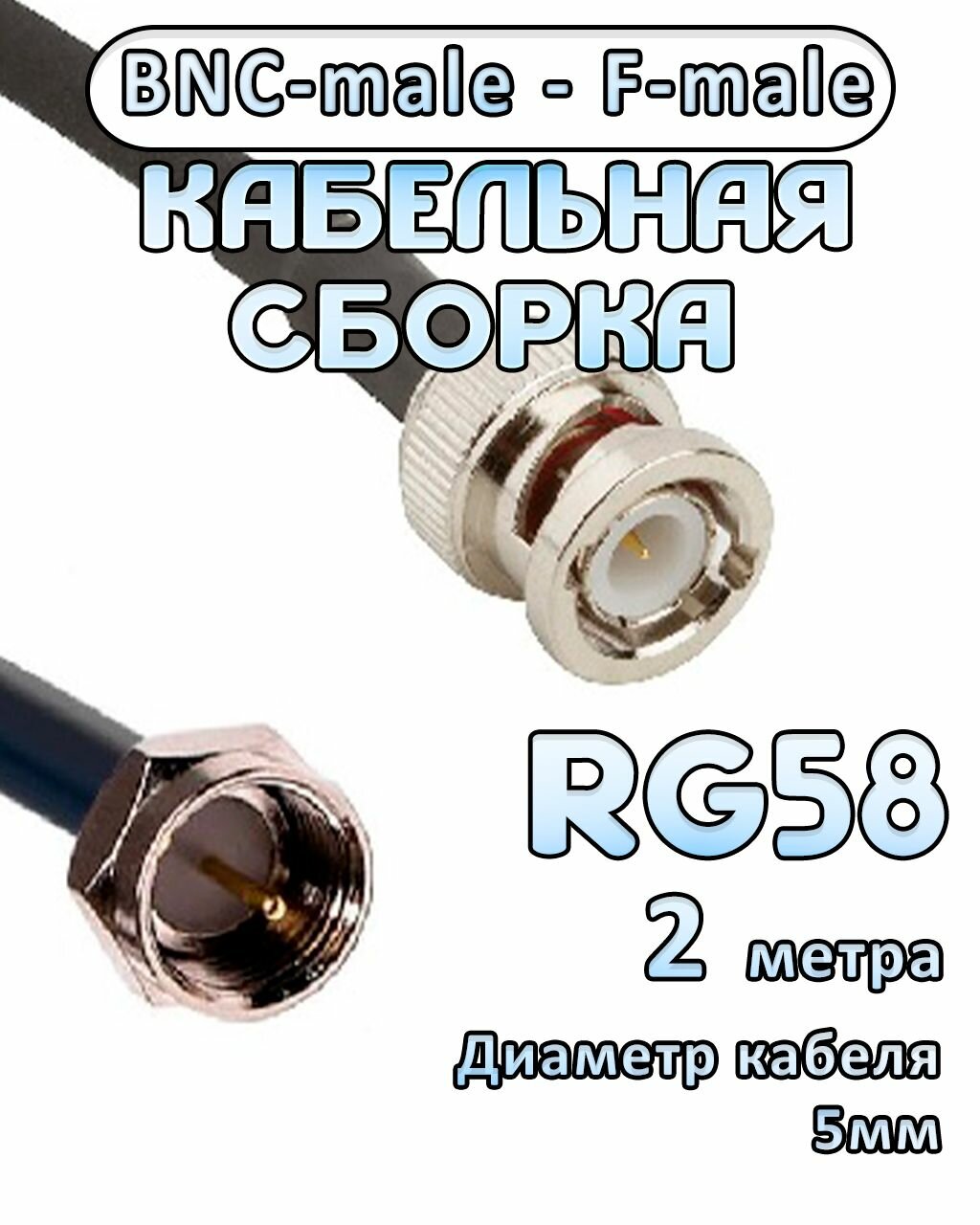 Кабельная сборка 50 Ом на RG-58 с разъемами BNC-male - F-male, 2 метра