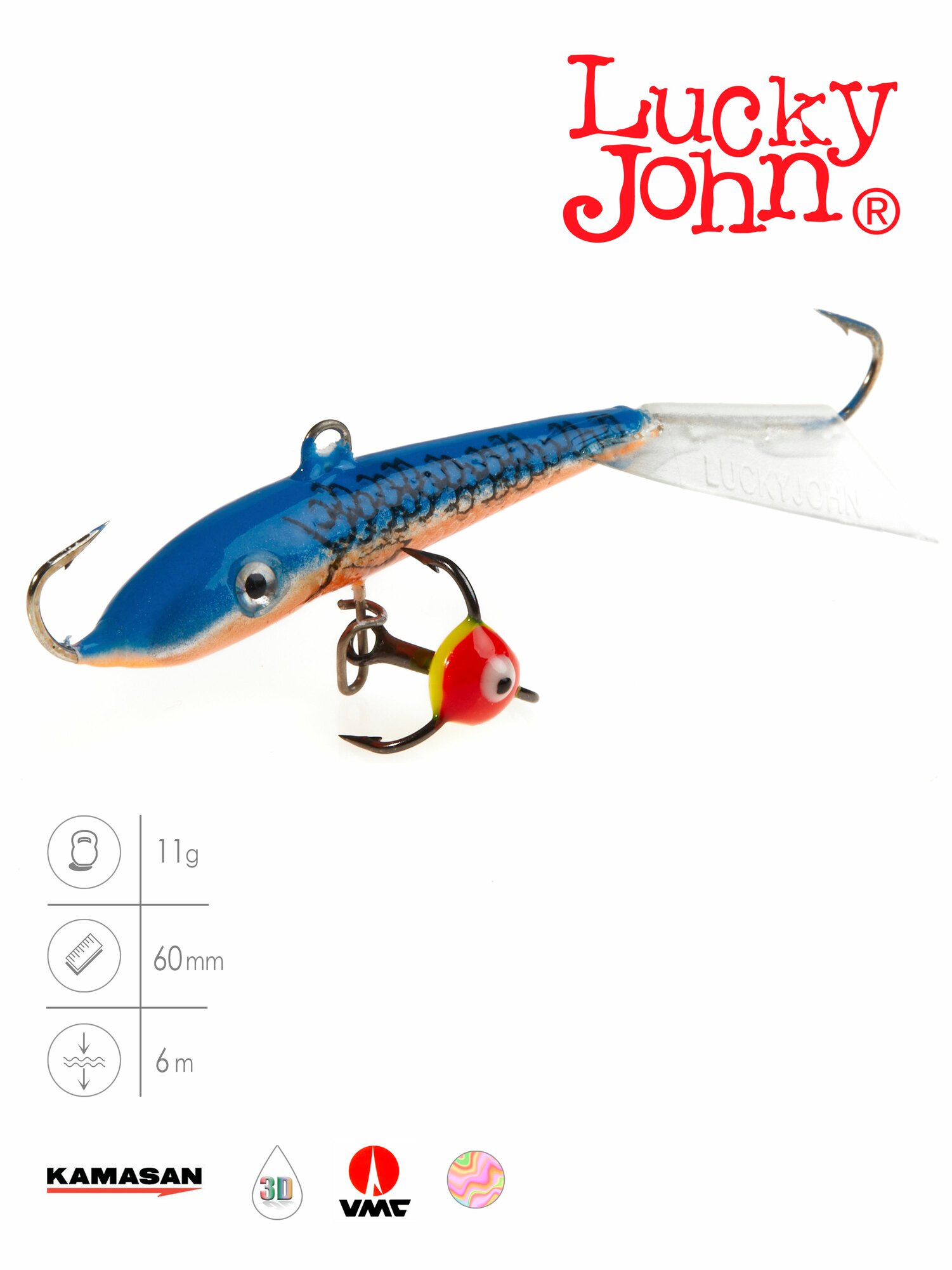 Балансир для зимней рыбалки Lucky John FIN 4 с тройником, длина 60 мм, 11г, цвет 45H / Балансир Лаки Джон на окуня, судака, щуку