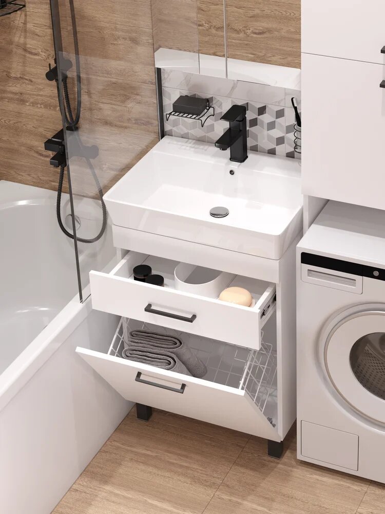 Тумба с раковиной DIWO Брянск 60 напольная, 60 см, белая, матовая, из ЛДСП, раковина для ванной фаянсовая, прямоугольная, встроенный слив-перелив, с сифоном