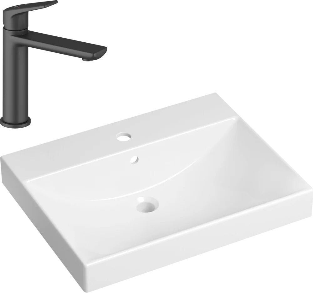 Комплект 2 в 1 Раковина Lavinia Boho Bathroom Sink 33311012 60 глянцевая белая / Смеситель Wellsee ICON! for life 182302000, матовый черный