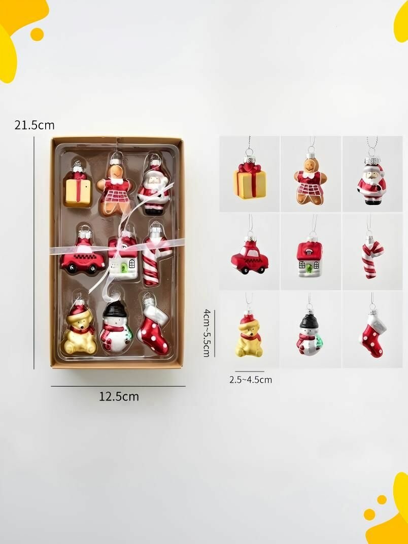 Набор новогодних подвесок из стекла, 9 предметов: Дед Мороз, снеговик, подарки, расписные ёлочные игрушки, 4-5.5 см, винтажные украшения для ёлки