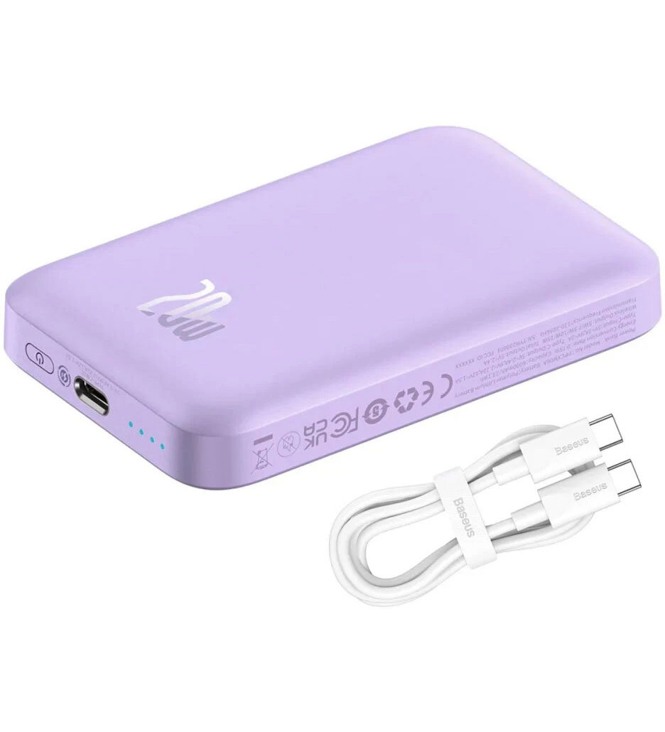 Внешний магнитный беспроводной аккумулятор BASEUS Magnetic 6000 mAh, 20W, с кабелем Type-C to Type-C 50 см, Purple
