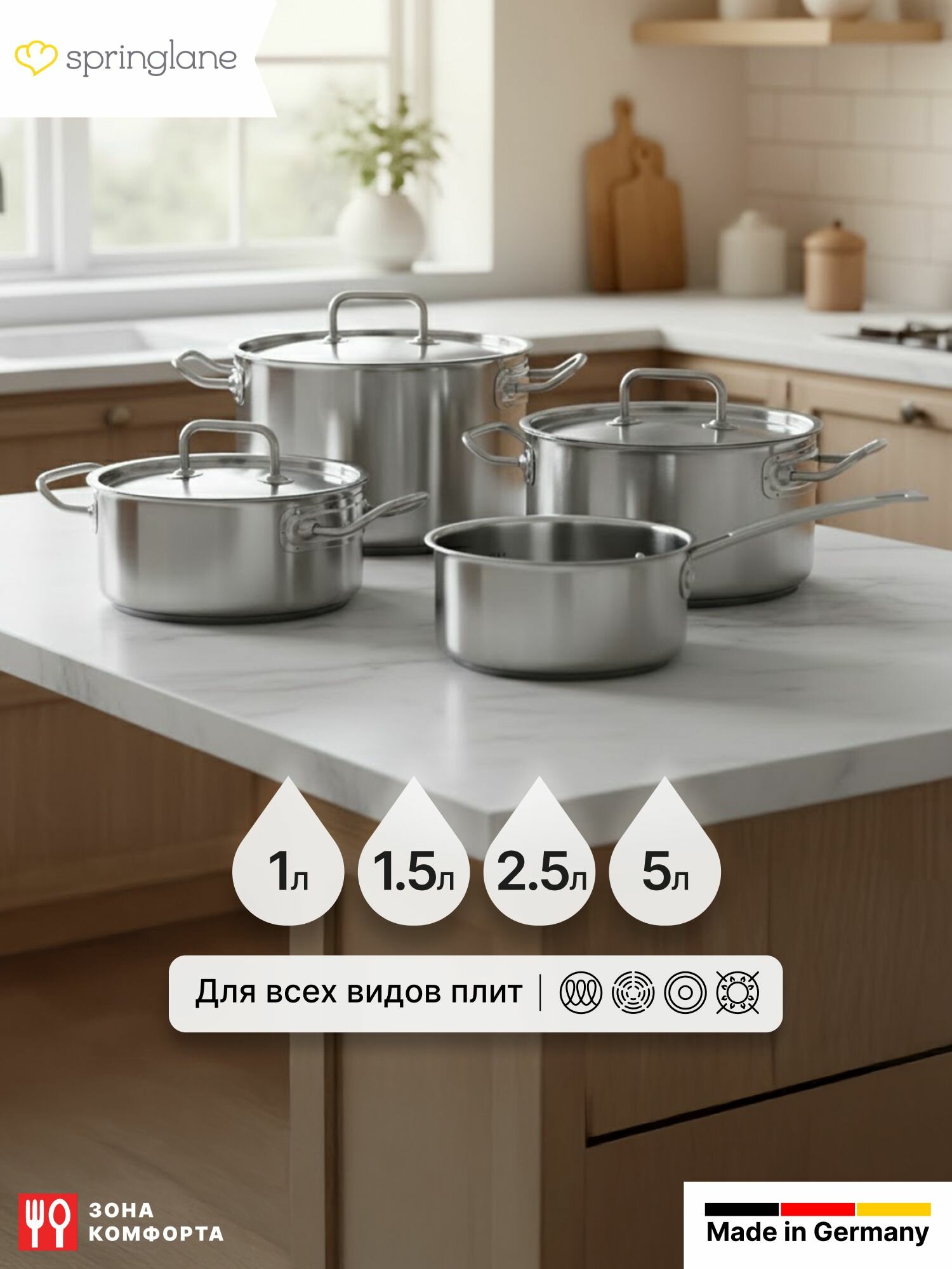 Набор кастрюль Springlane Tim Mlzer Topfset 4 предмета, с крышками, для всех типов плит, Германия