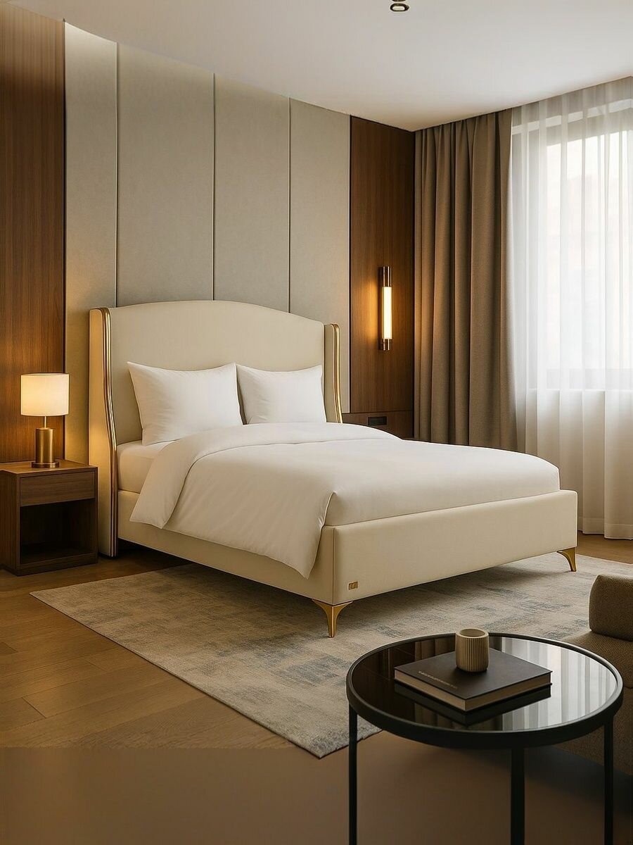 Двуспальная кровать NOTTE Joyce с мягким изголовьем, 140х200 см, неоклассика, натуральный велюр, светло-бежевый, молдинг золото глянец