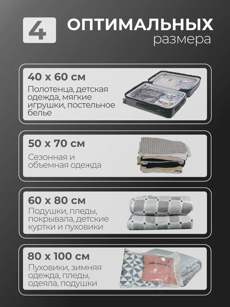 Вакуумный пакет, набор 12 шт, 5 шт 40x60, 4 шт 50x70, 3 шт 60x80, насос в комплекте, 80 мкм, прозрачный — фото 1