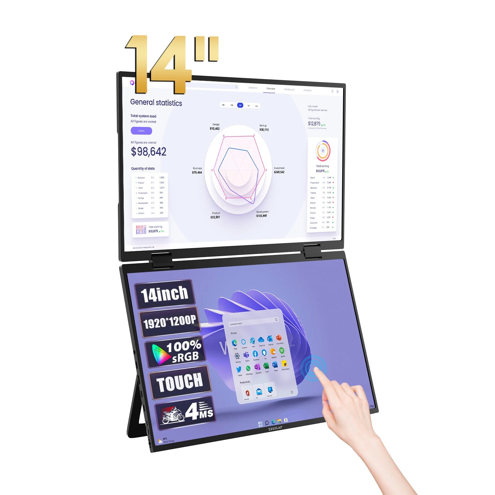 ZEUSLAP 14-дюймовый сенсорный складной тройной монитор FHD 100% sRGB портативный удлинитель экрана ноутбука для Windows и Mac OS