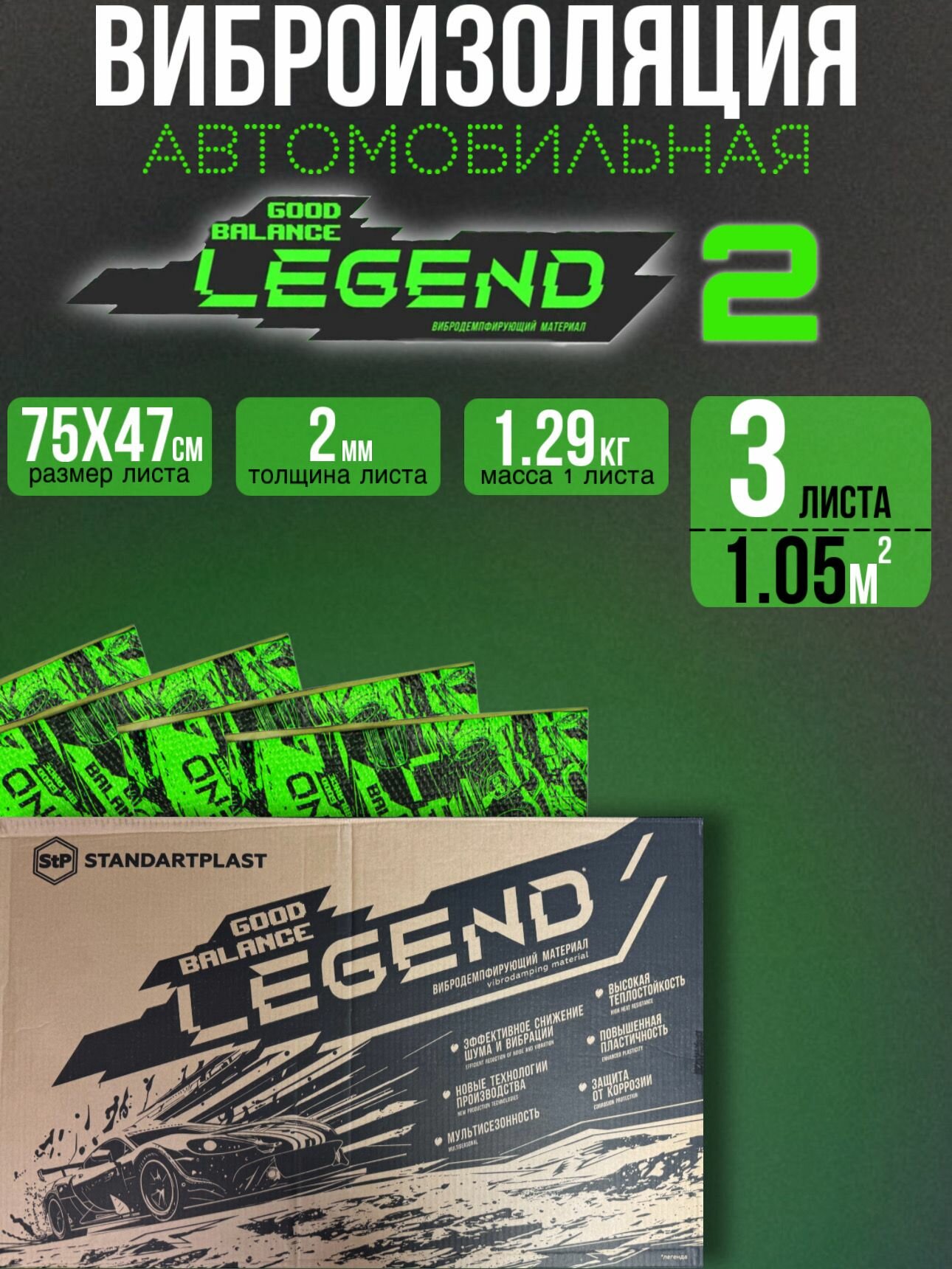 Виброизоляция STP Legend GB 2 / Вибродемпфер СТП ГБ 2 (3 листа, размер листа 75*47)