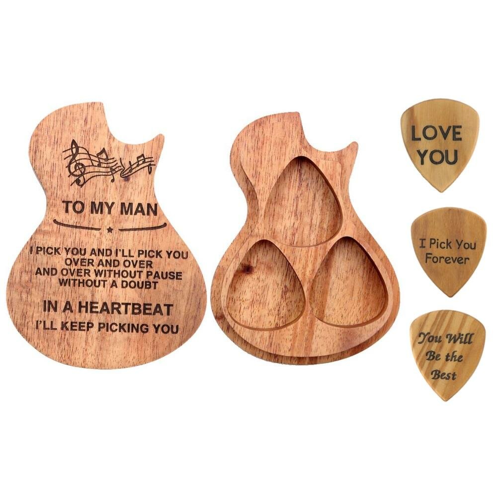 5pcs Guitar Pick Box Kit Wood Letters Container Plectrum с 3PCS Guitar Picks День Матери Дня отца День Святого Валентина Подарок день рождения