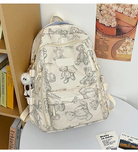 Женский школьный рюкзак для девочек-подростков, милый ранец с мультяшным рисунком медведя, женский портфель для книг, школьный ранец, White with pendant, Унисекс