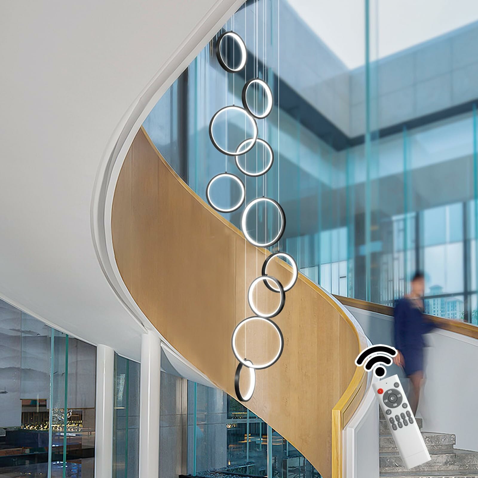 Современная люстра для высоких потолков с дистанционным управлением 10 колец, черная, для фойе, затемняемая, длинный светодиодный подвесной светильник для входа, лестницы, фойе, 3000K-6000K