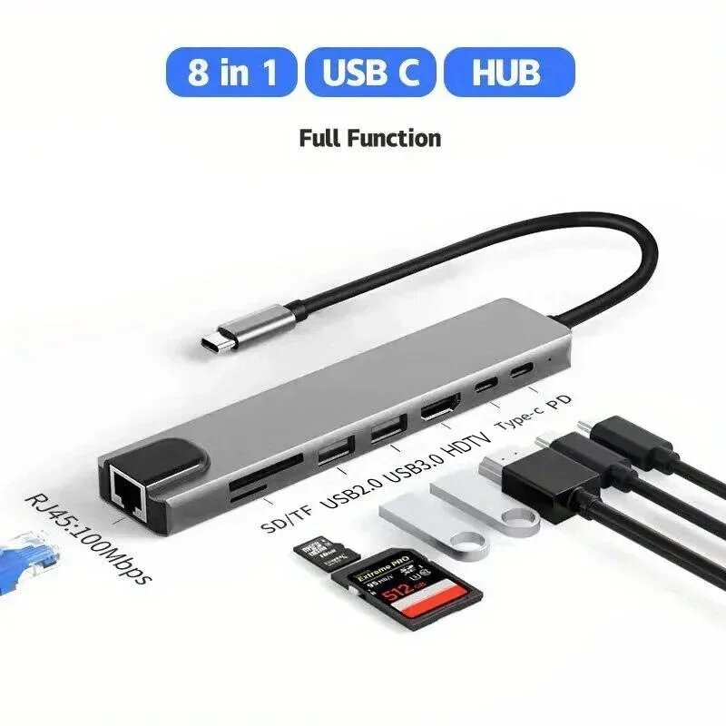 Концентратор 8в1 типа C USB C 8 в 1 Адаптер USB3.1 к 4K HDMI с устройством чтения карт RJ45 SD/TF PD Быстрая зарядка для портативного компьютера