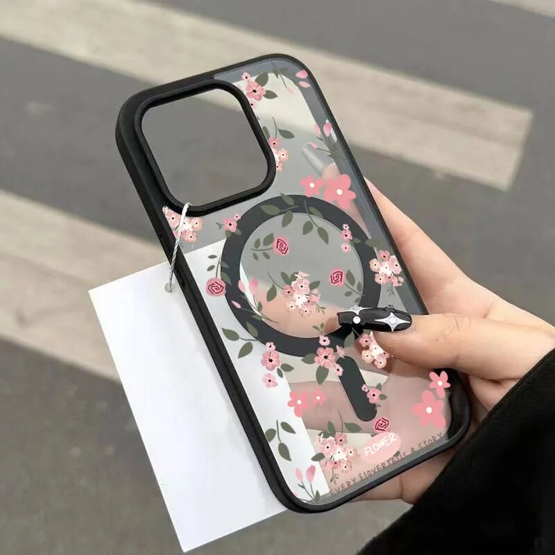 Ультра-прозрачный магнитный круглый чехол с цветочным принтом для iPhone 17 16 Pro iPhone11, черный