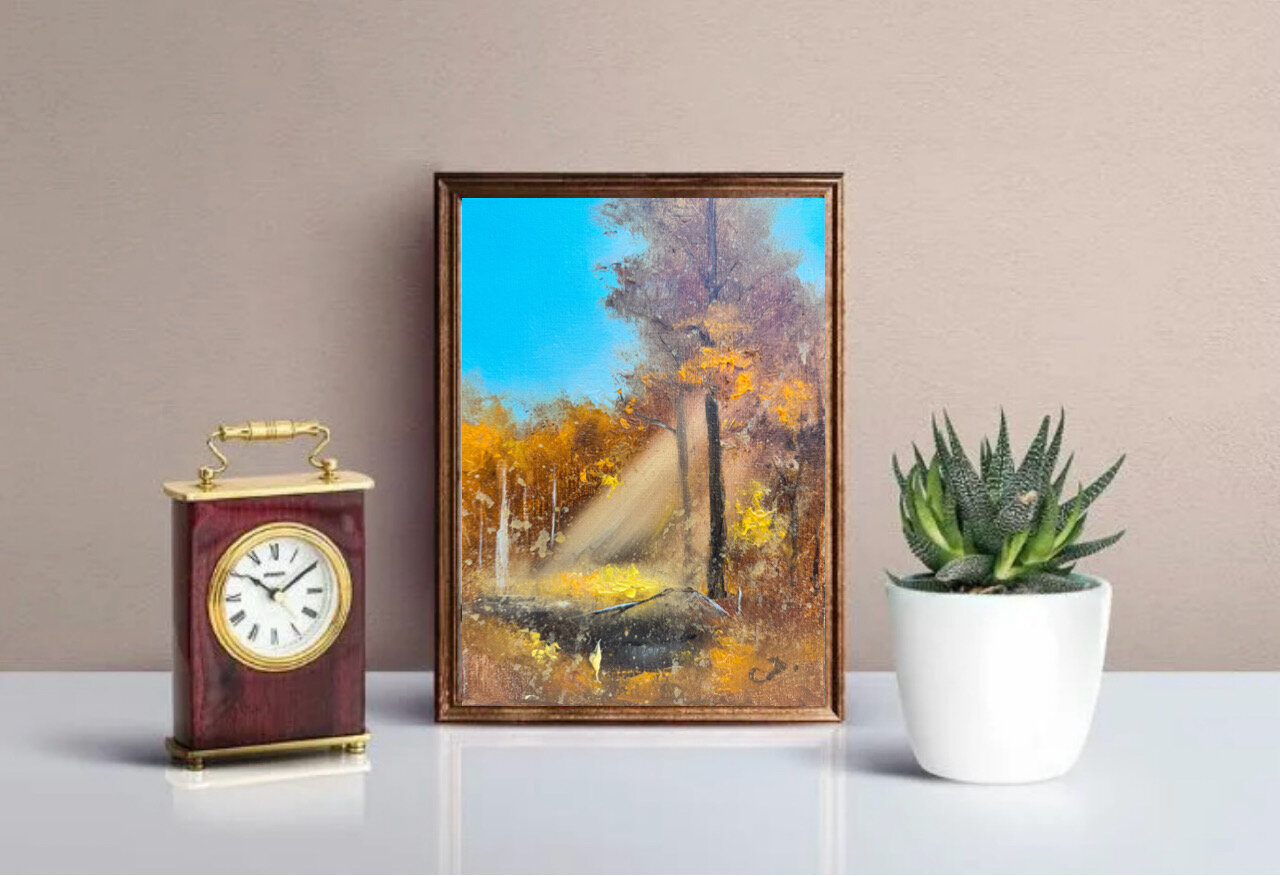 Картина маслом ручной работы на холсте на подрамнике: Осенние Лучи для интерьера дома, размер 20х30 см