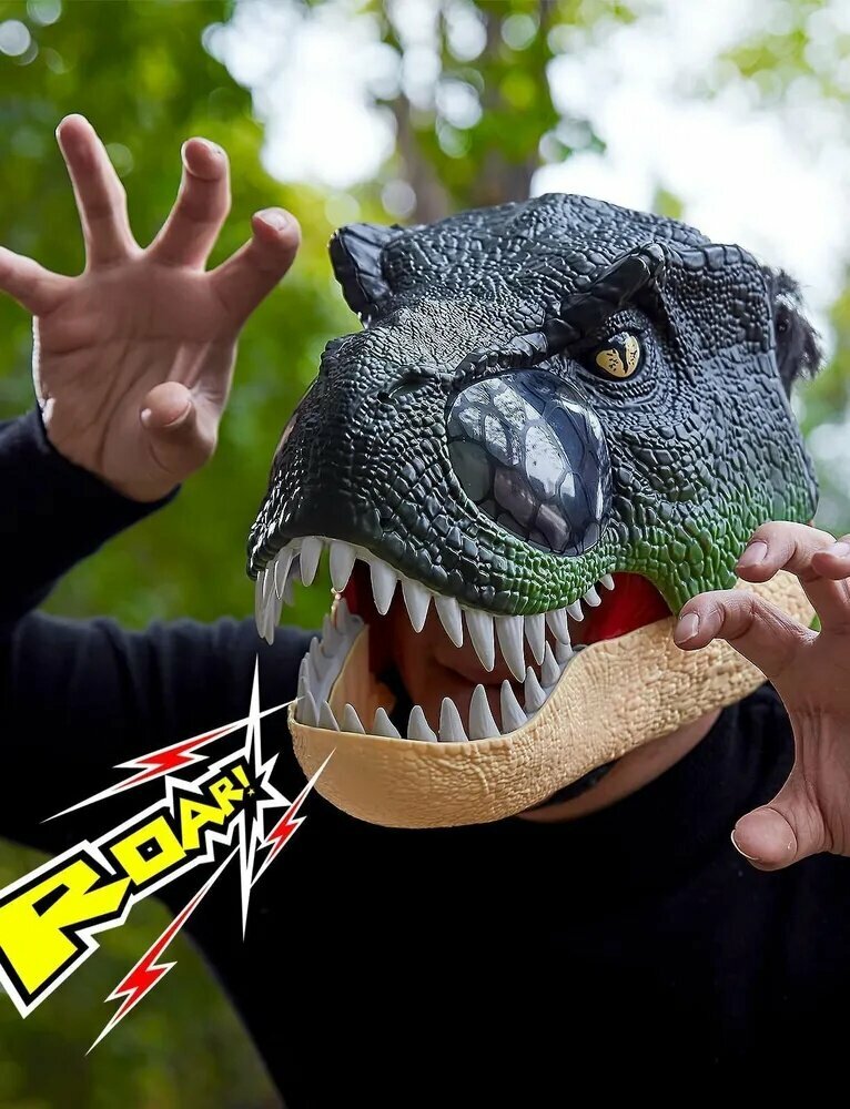 Маска раптора пластиковая с подвижной челюстью / маска динозавра карнавальная на хэллоуин для детей и взрослых / звуковые и световые эффекты, Парк Юрского периода