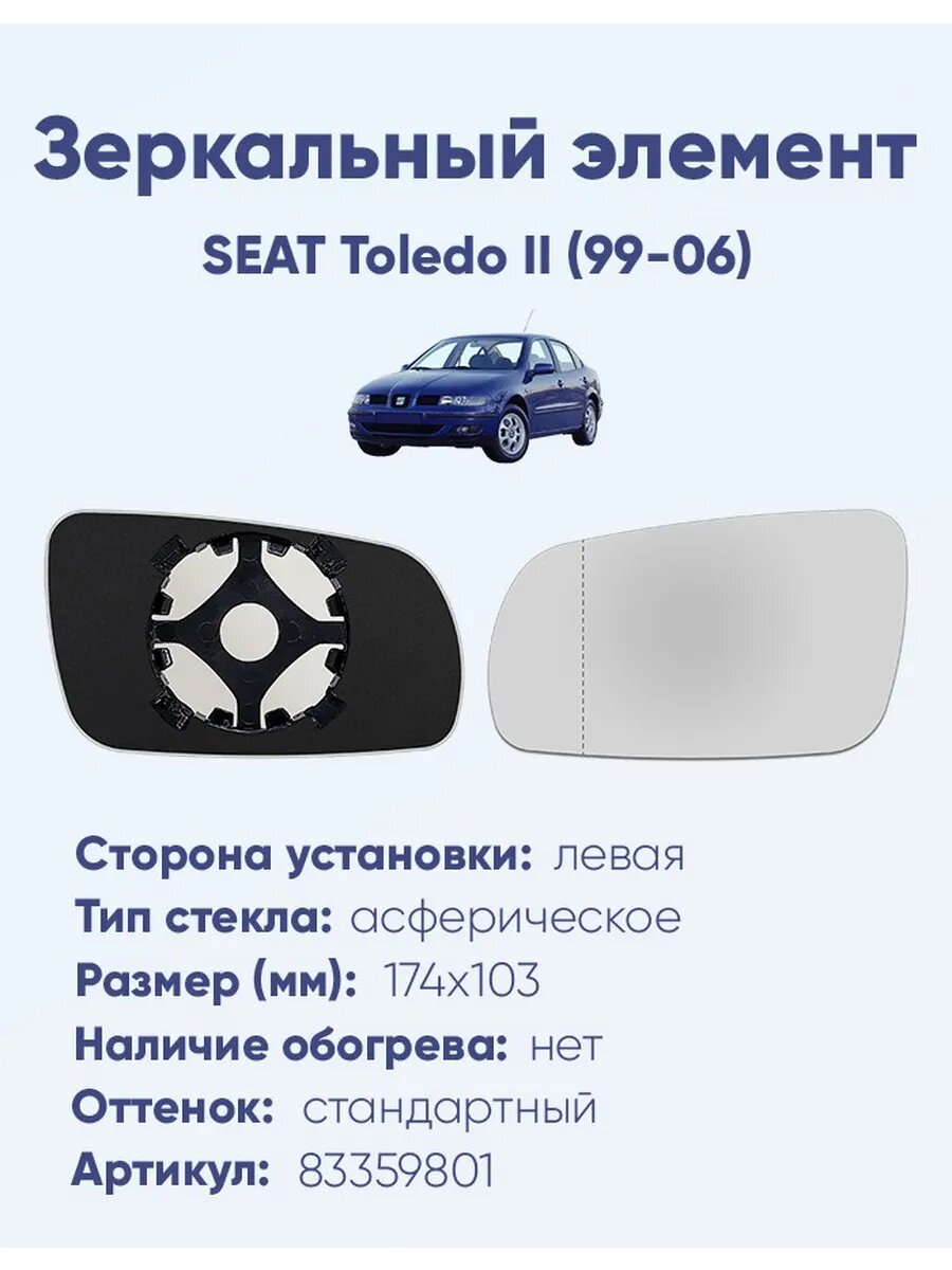 Зеркальный элемент левый SEAT Toledo II (99-06) асферика нейтральный без обогрева