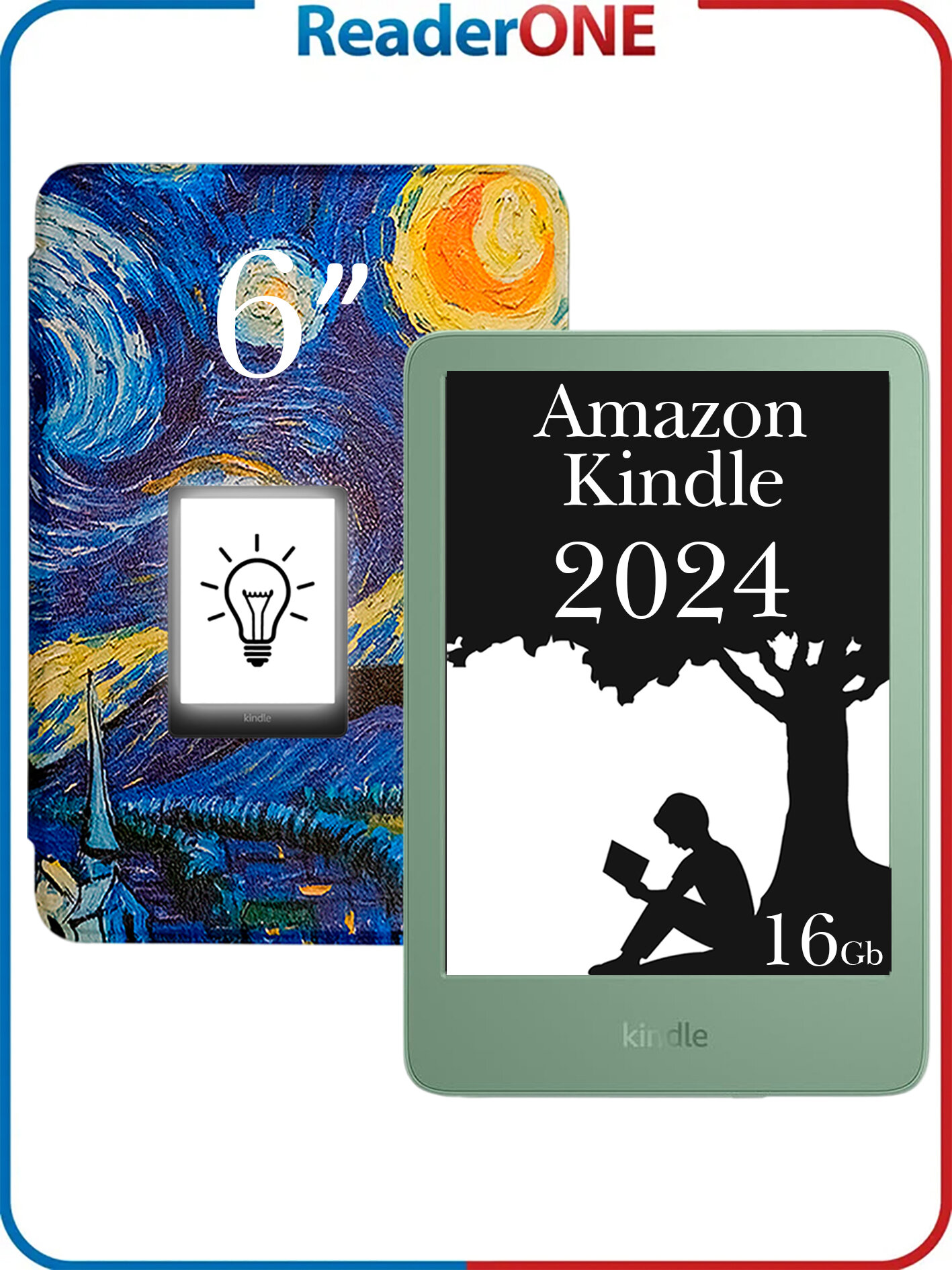 Электронная книга Amazon Kindle 11, 6 дюймов, 2024, 16 Гб, SO, зеленая (Matcha) с обложкой ReaderONE Van Gogh
