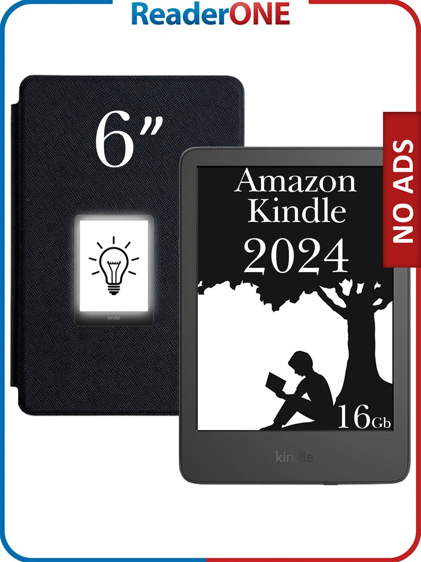 Электронная книга Amazon Kindle 11, 6 дюймов, 2024, 16 Гб, без рекламы, черная, с обложкой ReaderONE Black