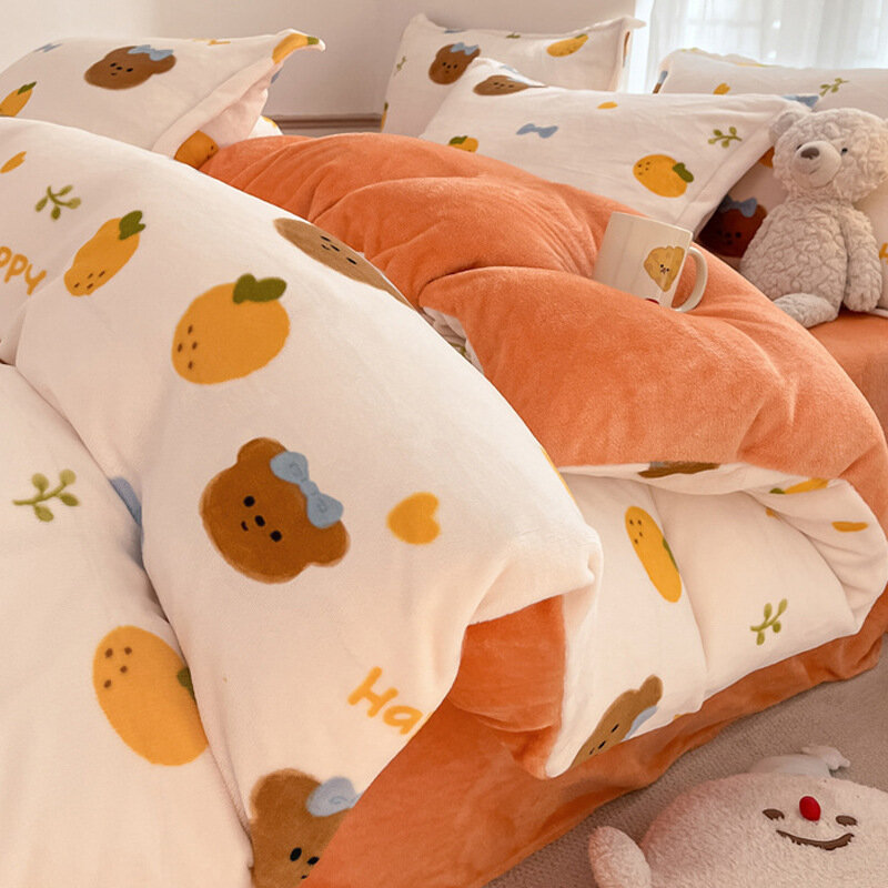 Зимний комплект постельного белья из флиса кораллового цвета из четырех предметов (класс А, пододеяльник из молочного флиса, утолщенное фланелевое постельное белье, простыни и пододеяльники на флисовой подкладке),200*230cm