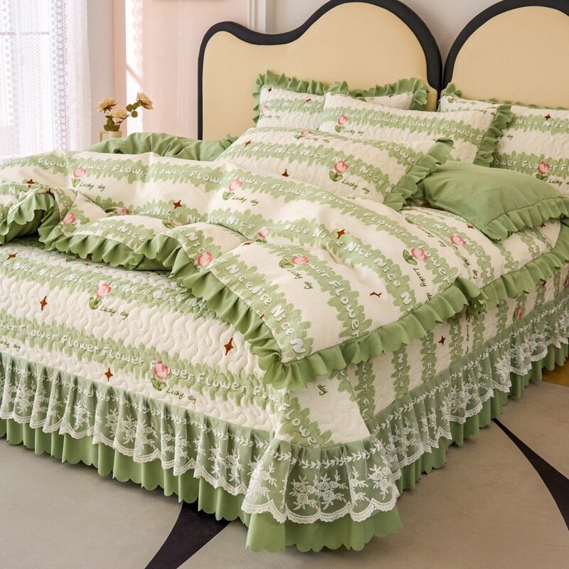 Комплект из четырех предметов постельного белья из хлопкового пузырчатого материала типа А, комплект из трех предметов стеганой простыни в корейском стиле «Принцесса», пододеяльник с кружевной отделкой в стиле принцессы,260*260cm