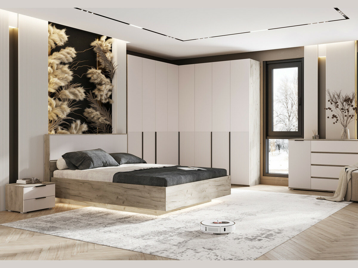 Модульная спальня с фрезеровочными фасадами, Крафт серый/Кашемир