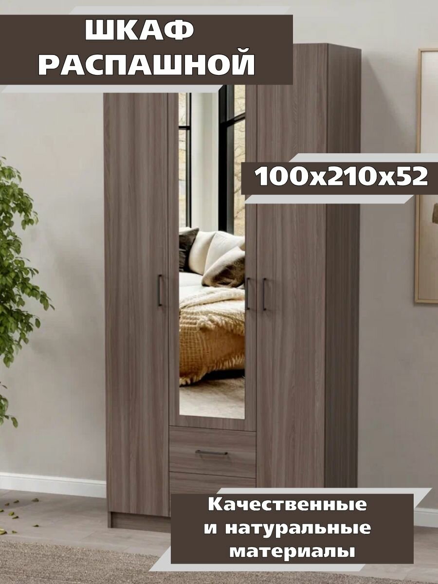 Феникс Шкаф распашной ШК-3/6 Анкор темный 100х52х210, фасады ЛДСП с зеркалом