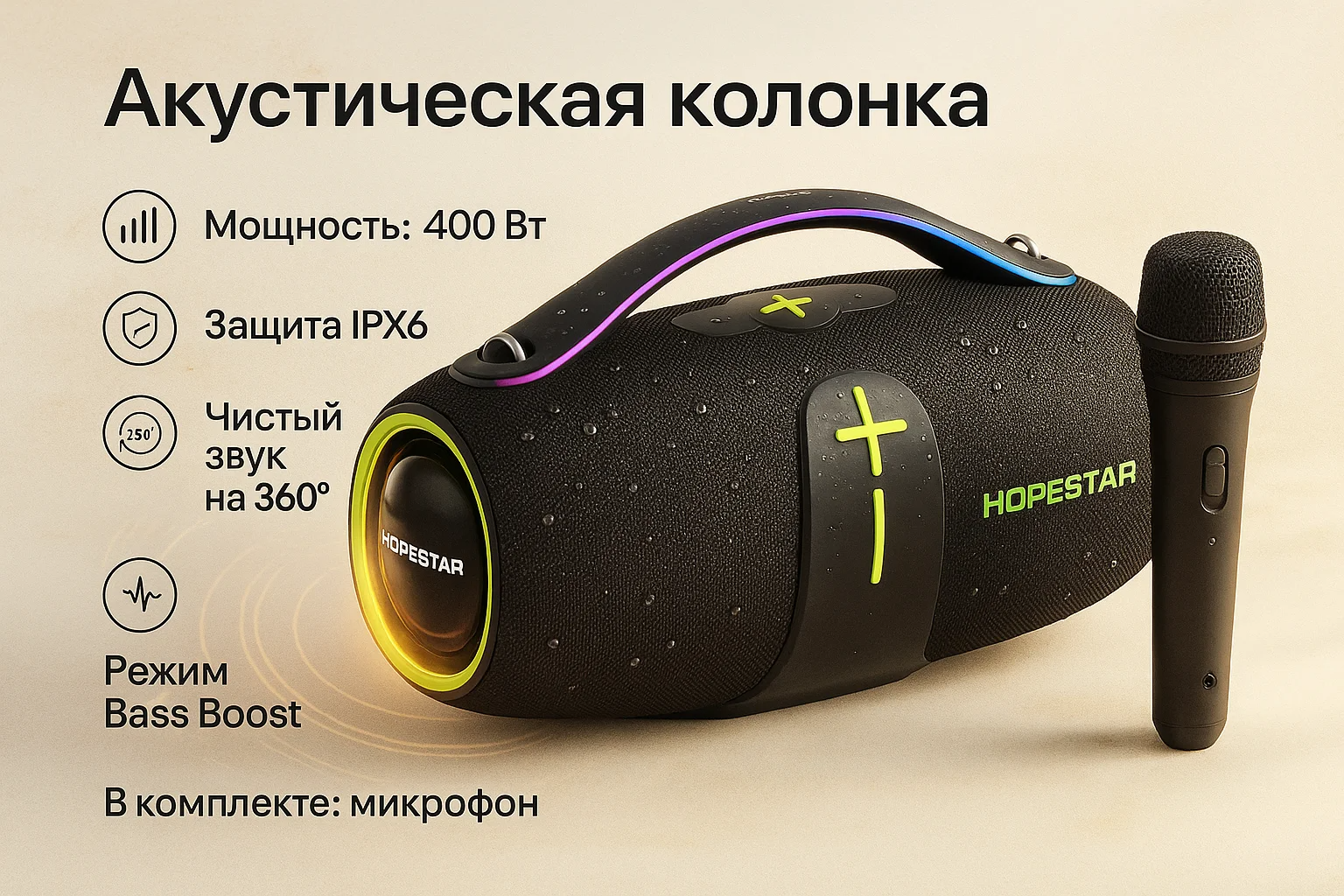 Портативная колонка ElectroD, Bluetooth, до 24ч работы, влагозащита, с микрофоном, черный 400Вт