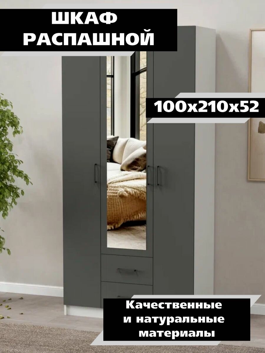 Феникс Шкаф распашной ШК-3/6 Белый/Антрацит 100х52х210, фасады ЛДСП с зеркалом