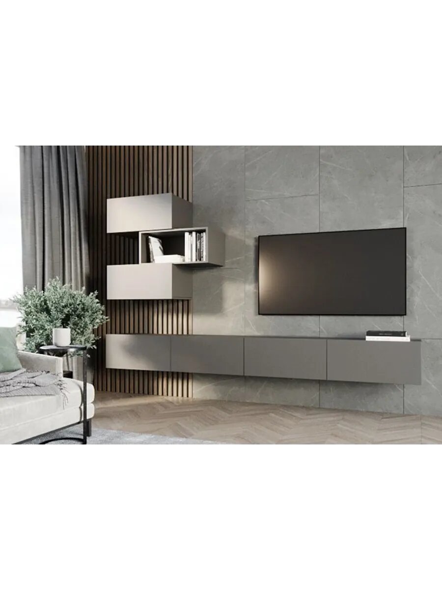 Гостиная, комплект мебели в гостиную НК-Мебель, ТВ тумба PLANO 4 , Серый Графит Матовый, 240х155х36.6 см (ШхВхГ)