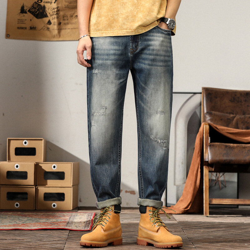 Чистый цвет Нов. желт. грязь американ. джинсы муж. тренд. плус толст. размер рван. джинсы муж. винтаж. 9-поинтСиний/3XL
