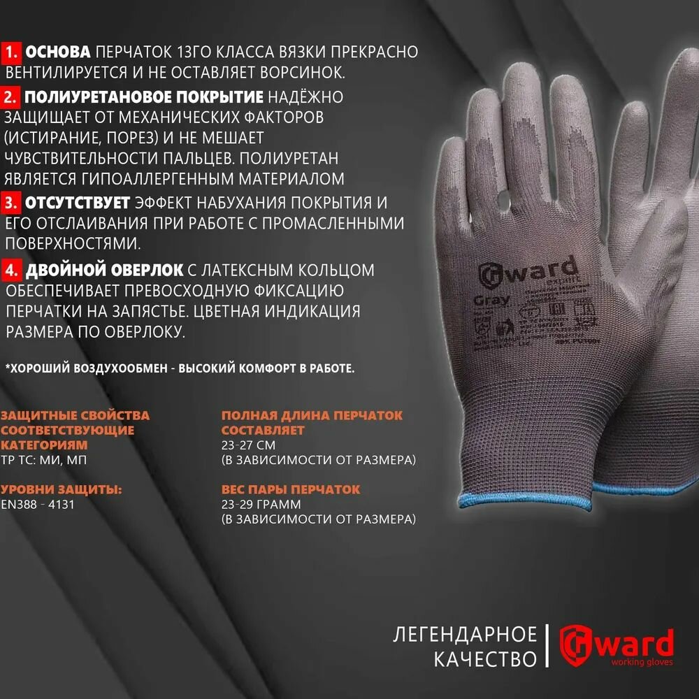 Перчатки нейлоновые серого цвета с полиуретановым покрытием Gray (12 пар)