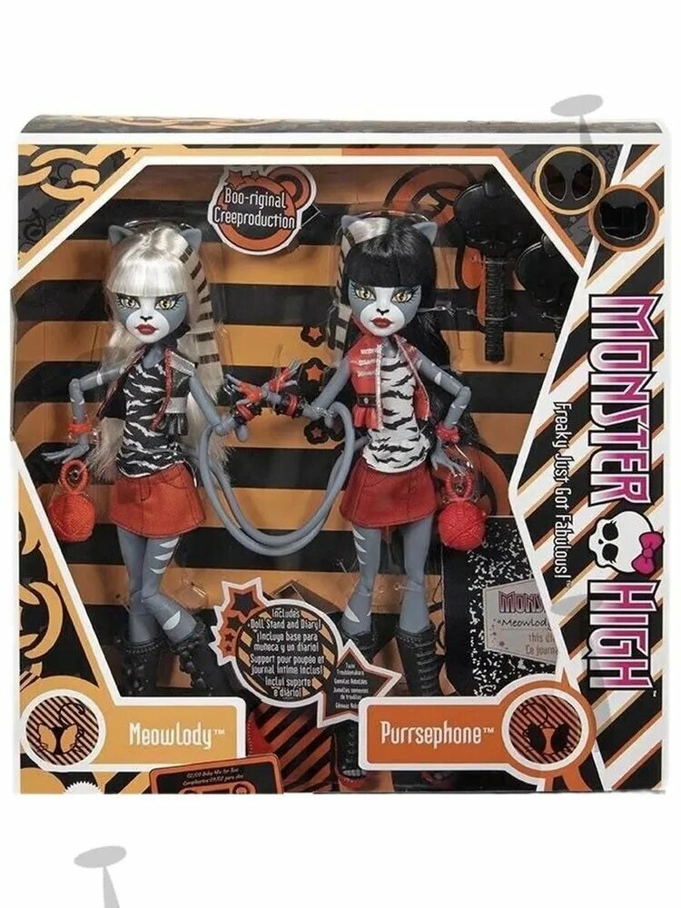 Монстр хай, Шарнирная кукла, Пурсефона и Мяулодия, Стильные коллекционные куклы Набор из 2 кукол с расческой и подставкой / Mattel Monster High Werecat Twin Sisters Meowlody and PurrsephoneOU
