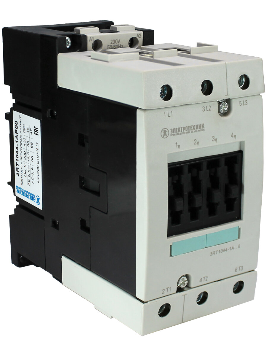 Электротехник 3RT1044-1AP00, 3-пол, 65A, AC-3, 30кВт/400V, 230V AC, 50/60Гц, типоразмер S3, винтовые клеммы, IP20, контактор электромагнитный ET014812