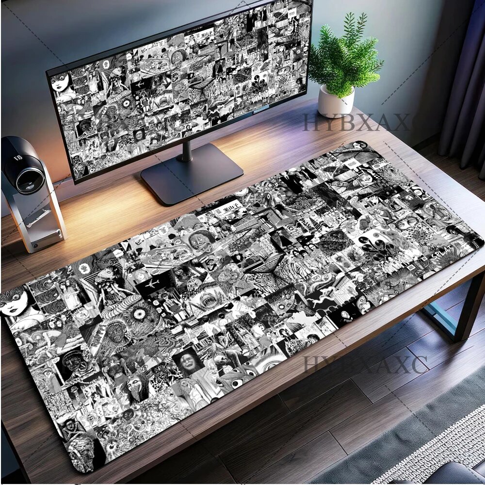 Черный и белый коврик для мыши, милый Настольный коврик HD, расширенные игровые коврики для клавиатуры, большой коврик для мыши XXL для геймеров Junji Ito, с коллажем, с ужасами, аниме