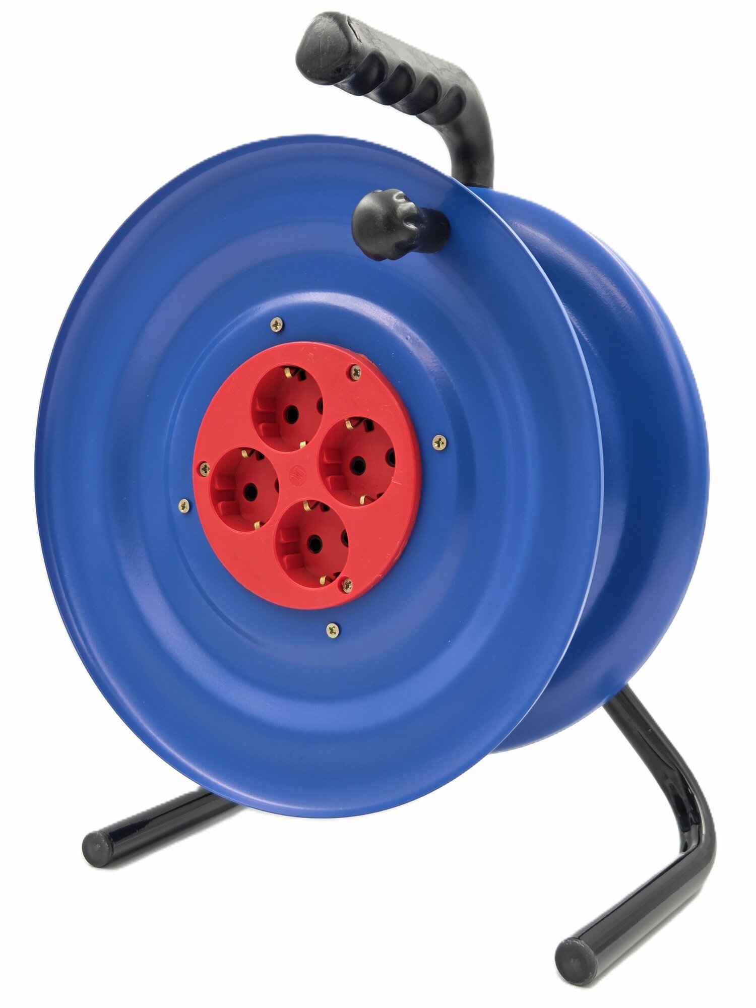 Катушка удлинителя металлическая 4 розетки с заземлением 220В 16А IP20 2Р+РЕ диаметром 30 см.