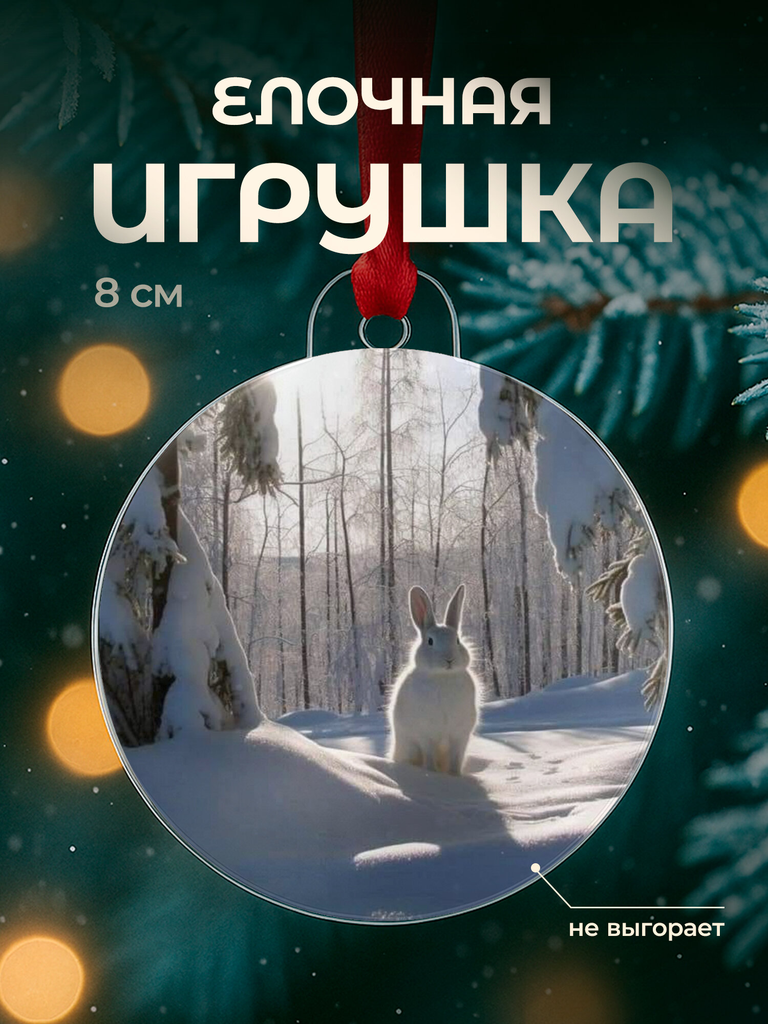 Елочная игрушка новогодняя плоская, акрил, 8 см с принтом с зайчиком