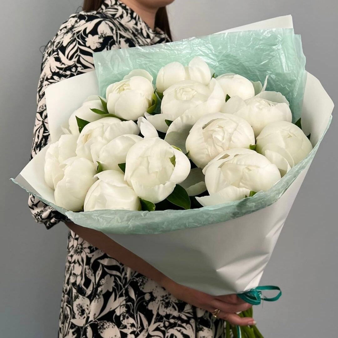 Букет из белых пионов 15 шт, красивый букет цветов, шикарный, премиум цветы, премиум букет