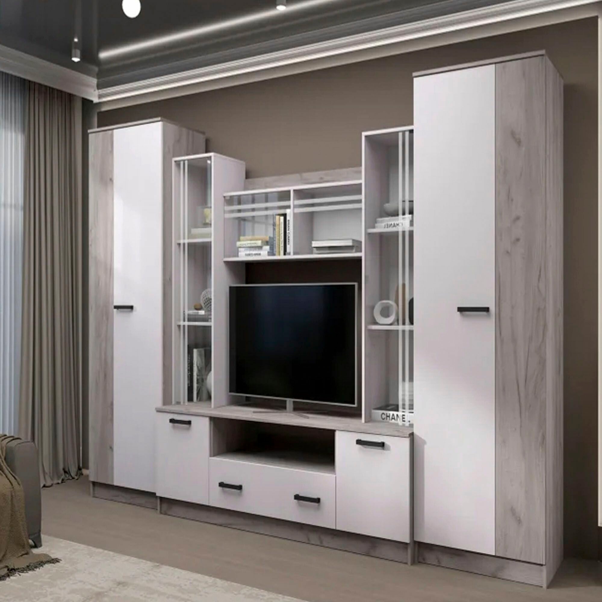 Гостиная "Николь - 2" Дуб Крафт Серый, Кашемир, ширина 320 см, с шкафами, с тумбой под тв, с ящиками,